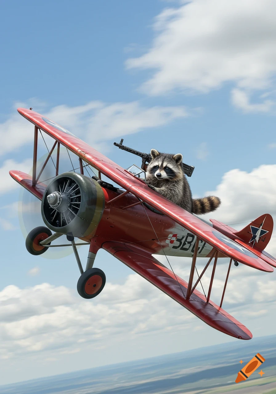 A friendly orangutan pilots a red and silver biplane through a cloudy ...