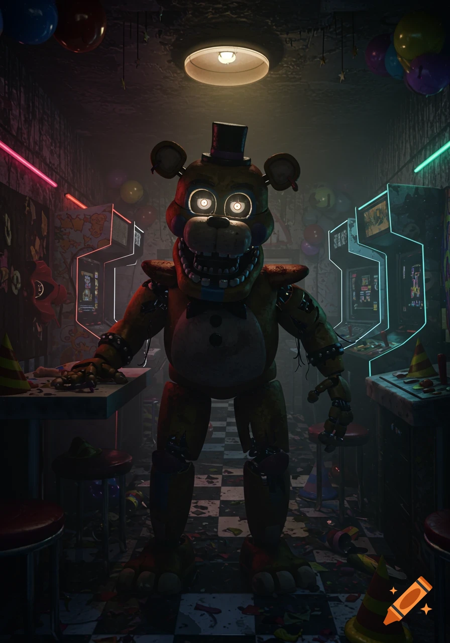 A creepy, stylized animatronic hamburger man with wide eyes and a big ...