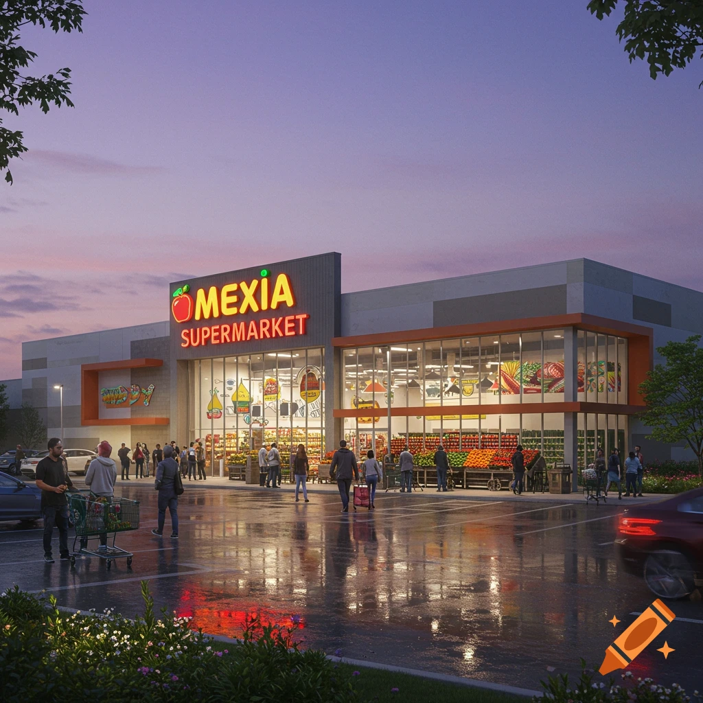 A photorealistic image of a Mexia supermarket at dusk, with people ...