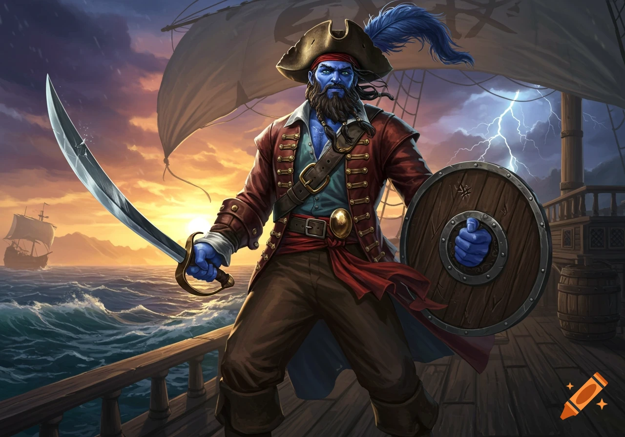 A blue-skinned pirate man with a beard, wearing a hat and red coat, stands on a ship deck with a ...