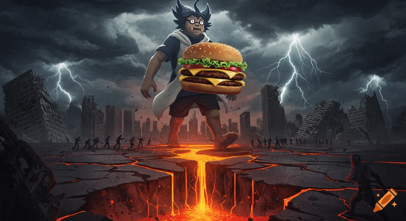 Cartoon Cool-Aid Man in a convenience store, holding snack bags, viewed ...