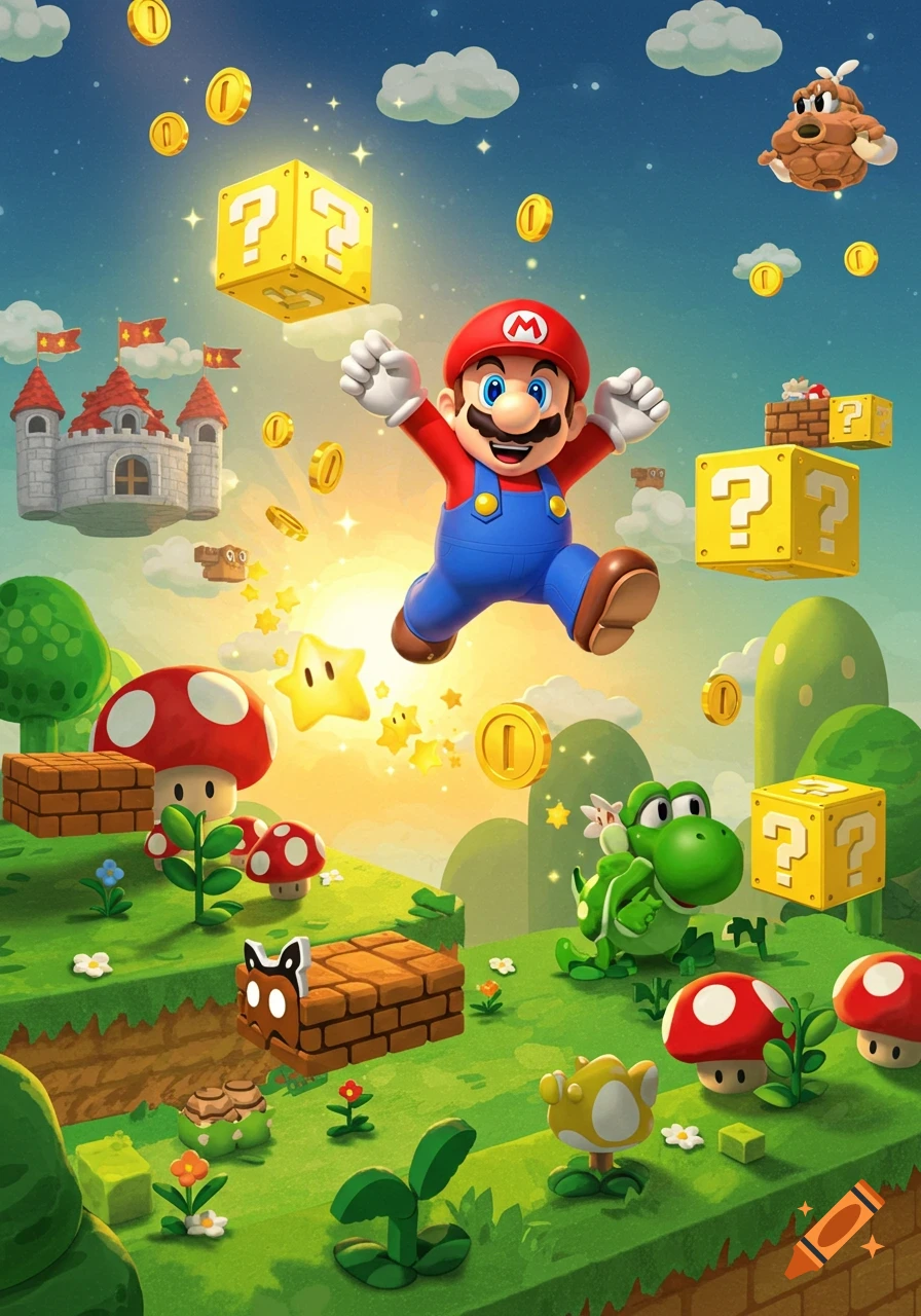 Mario rides Yoshi through a vibrant forest with floating coins and ...