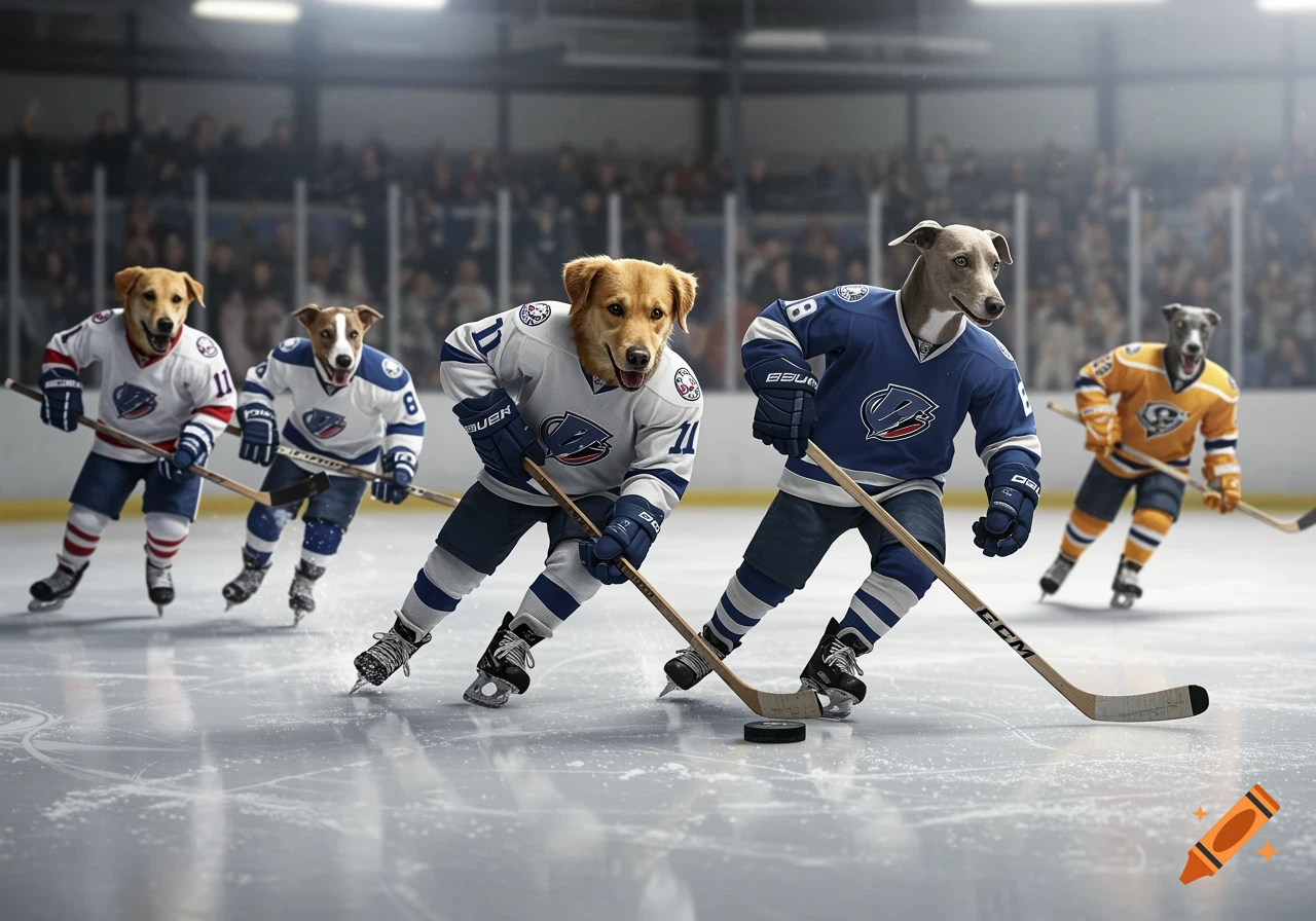 Photorealistic image of dogs in hockey uniforms playing ice hockey on a ...