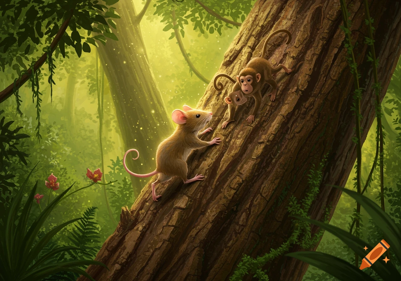 A mouse and two monkeys climbing a large tree in a vibrant, sunlit ...