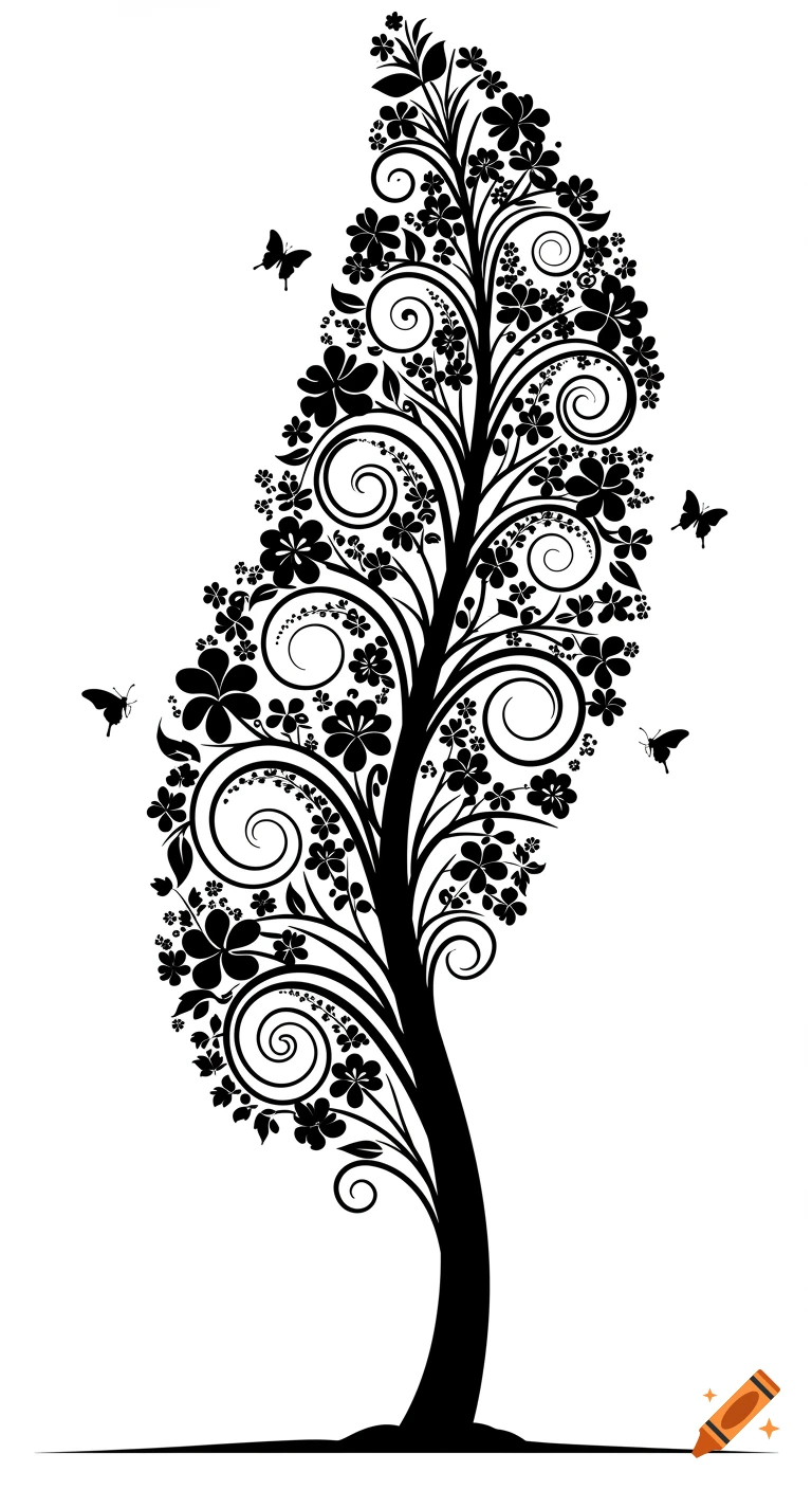 Black and white vector silhouette of a tall, decorative tree with swirling branches, flowers ...