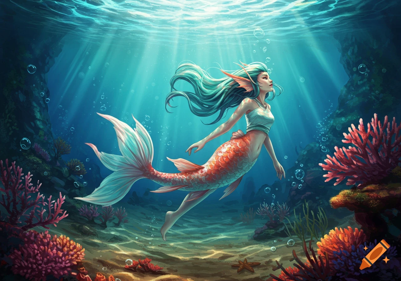 Whimsical fantasy illustration of a fluffy mermaid-cat swimming with ...