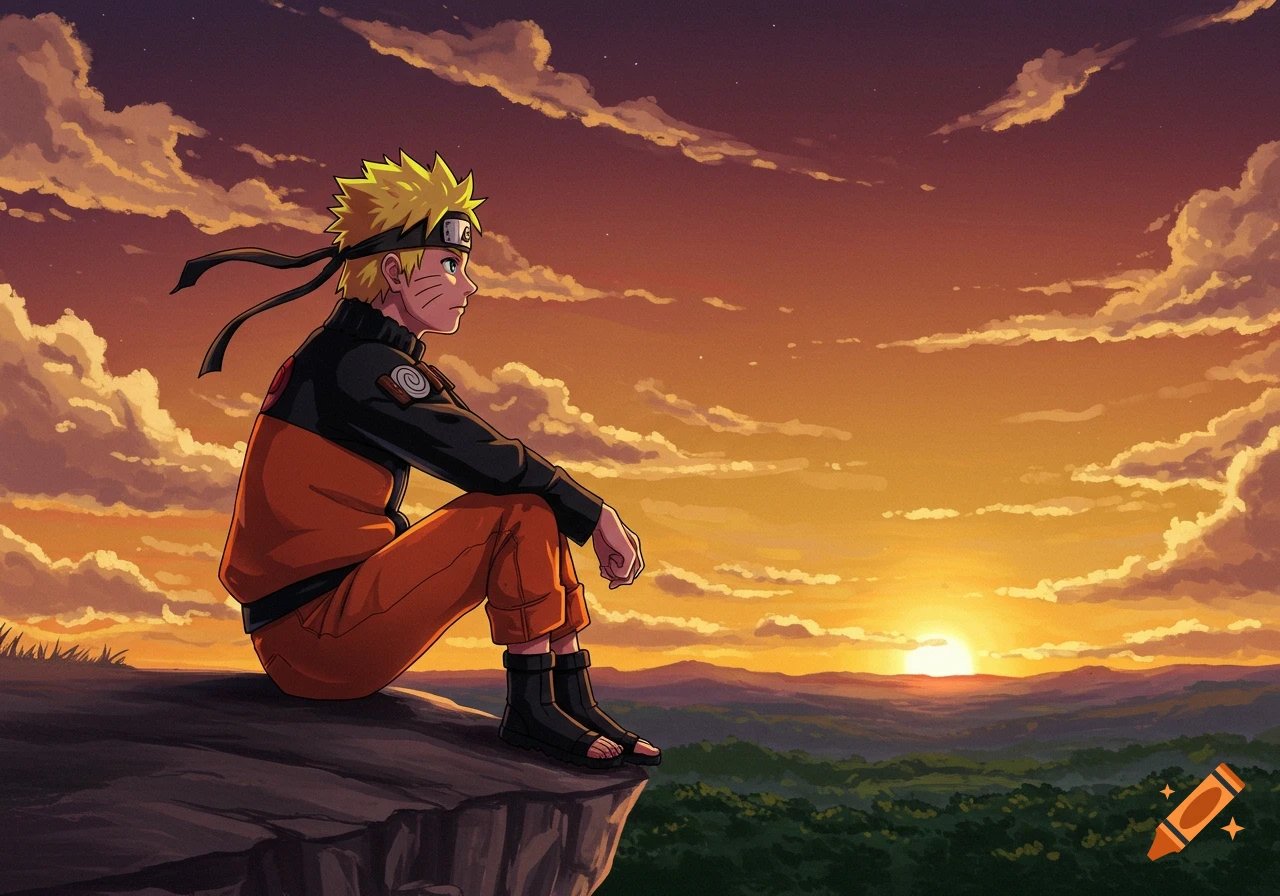 Anime character Naruto sitting on a cliff, looking at a vibrant sunset ...