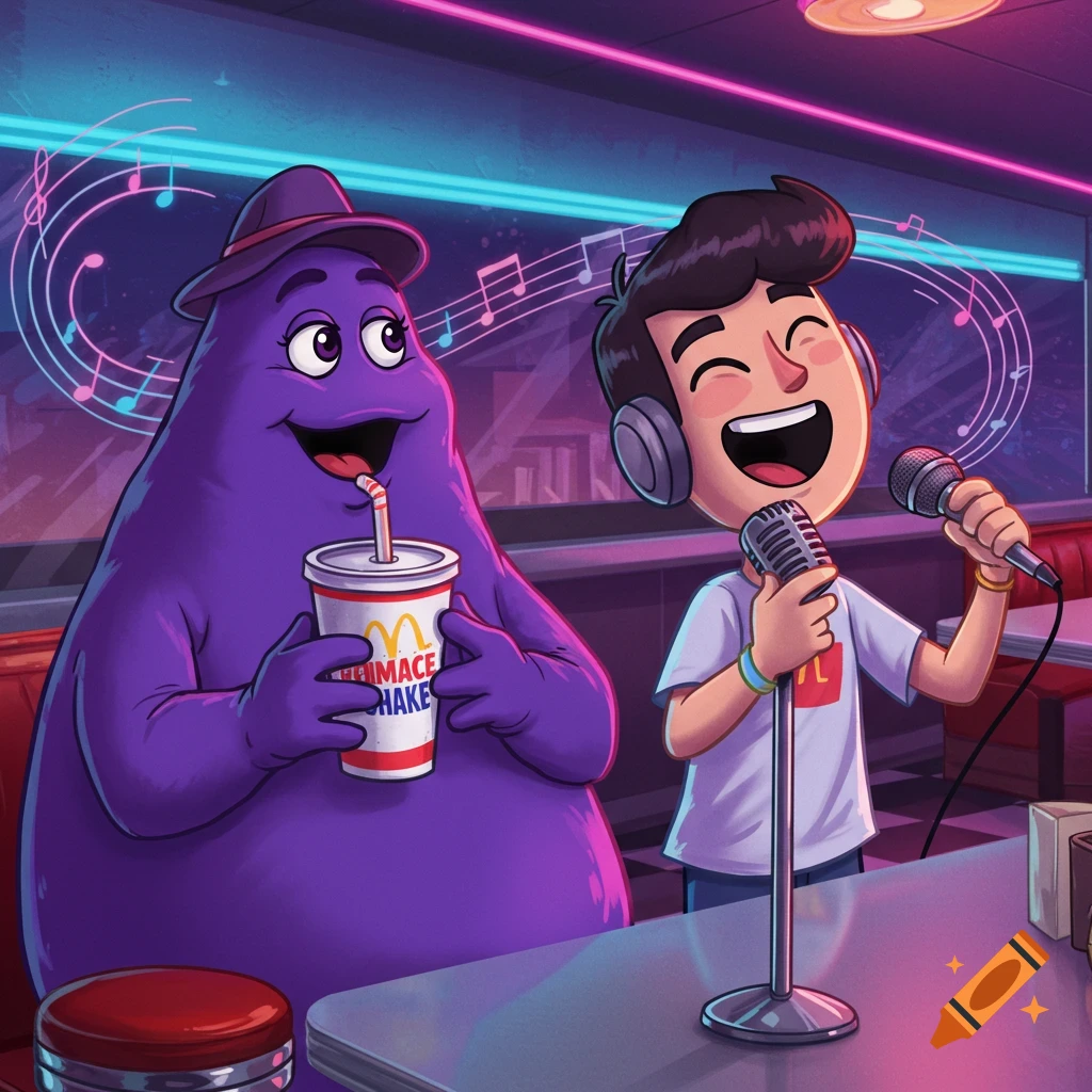 Cartoon of Grimace drinking a Grimace shake while CG5 sings into a ...