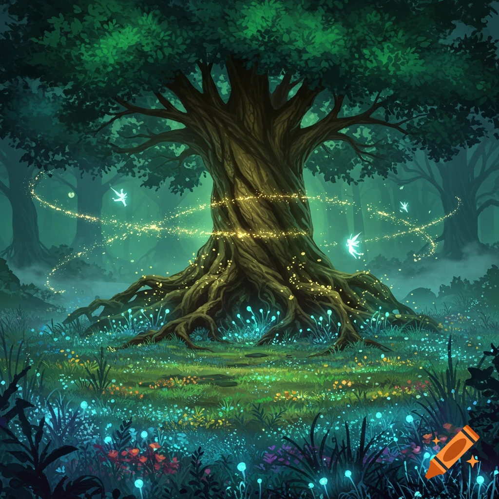 Illustrated fantasy art of a gnarled tree in a magical forest with a ...