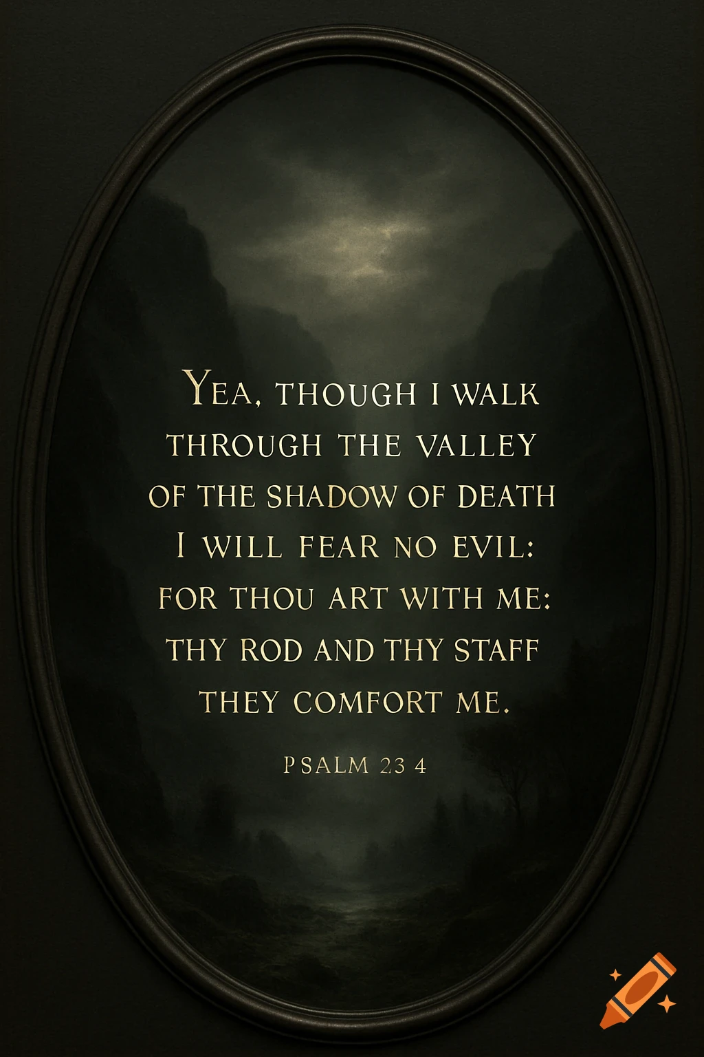 A dark, moody oval painting of a valley with the bible verse Psalm 23:4 ...