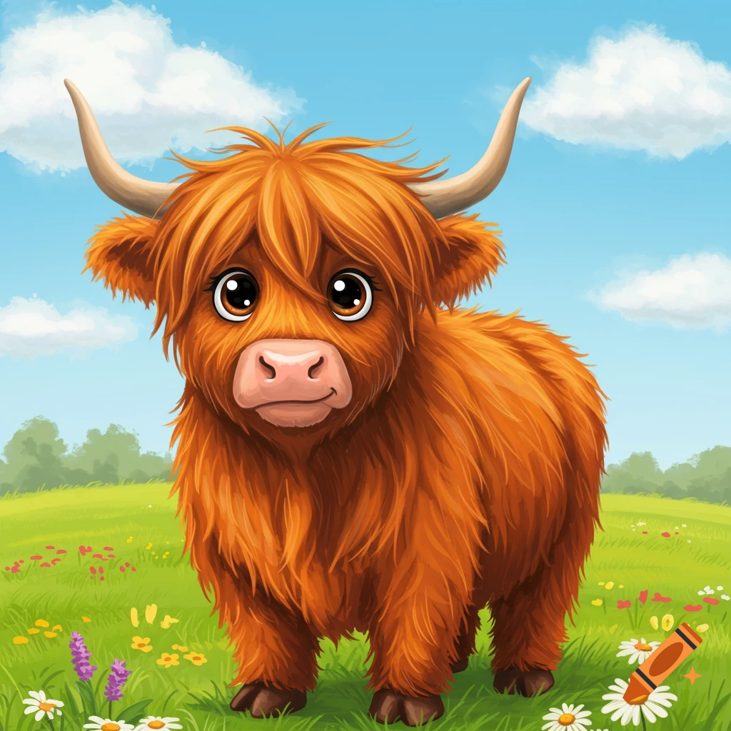 A cartoon illustration of a shaggy, brown Highland cow with long horns ...