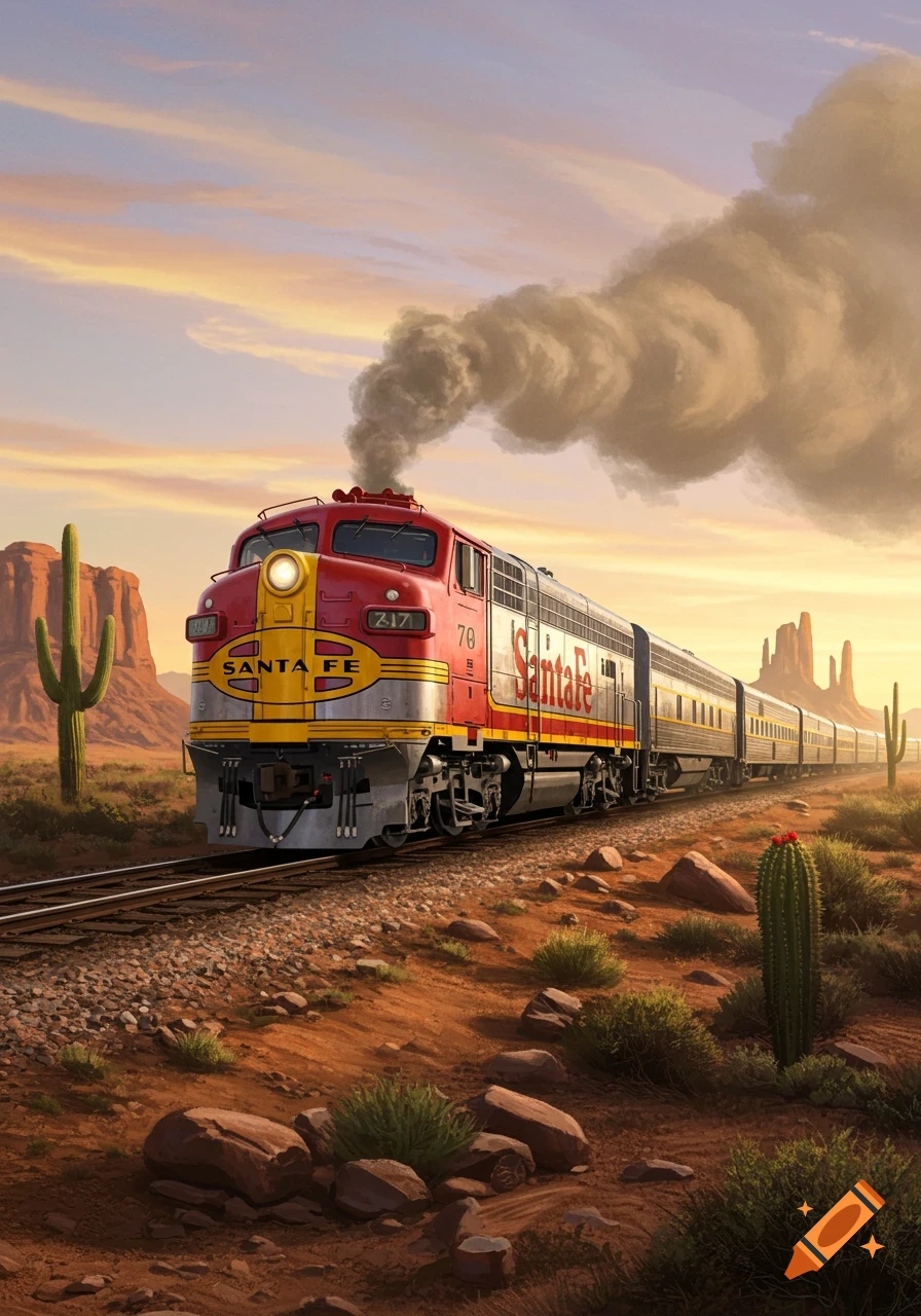 A red and yellow Santa Fe train travels through a desert landscape with cacti and mesas under a ...