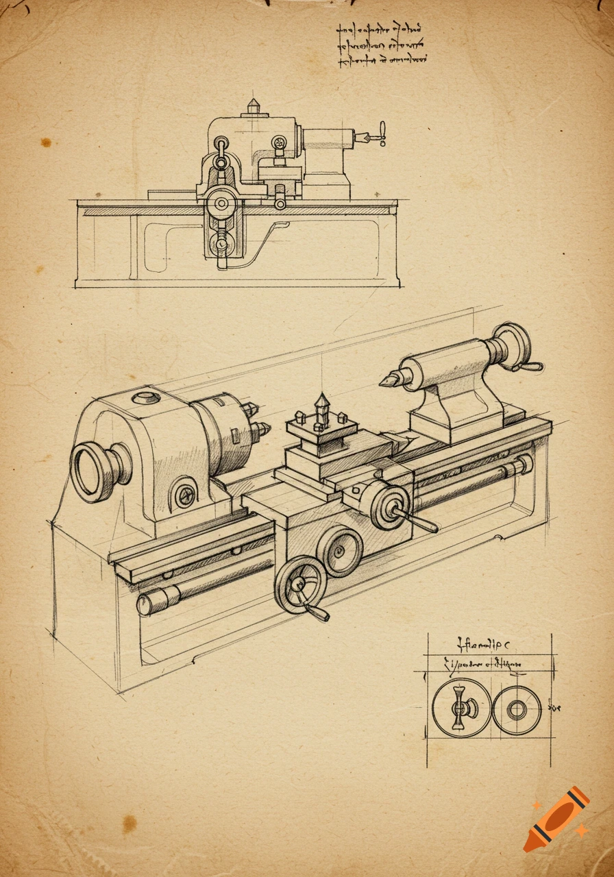A detailed realistic drawing of a robotic sewing machine with a needle ...