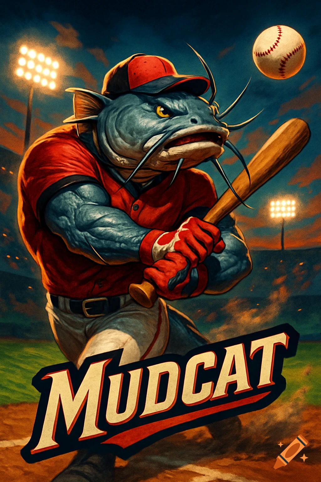 Illustrated anthropomorphic catfish baseball player in red and black ...