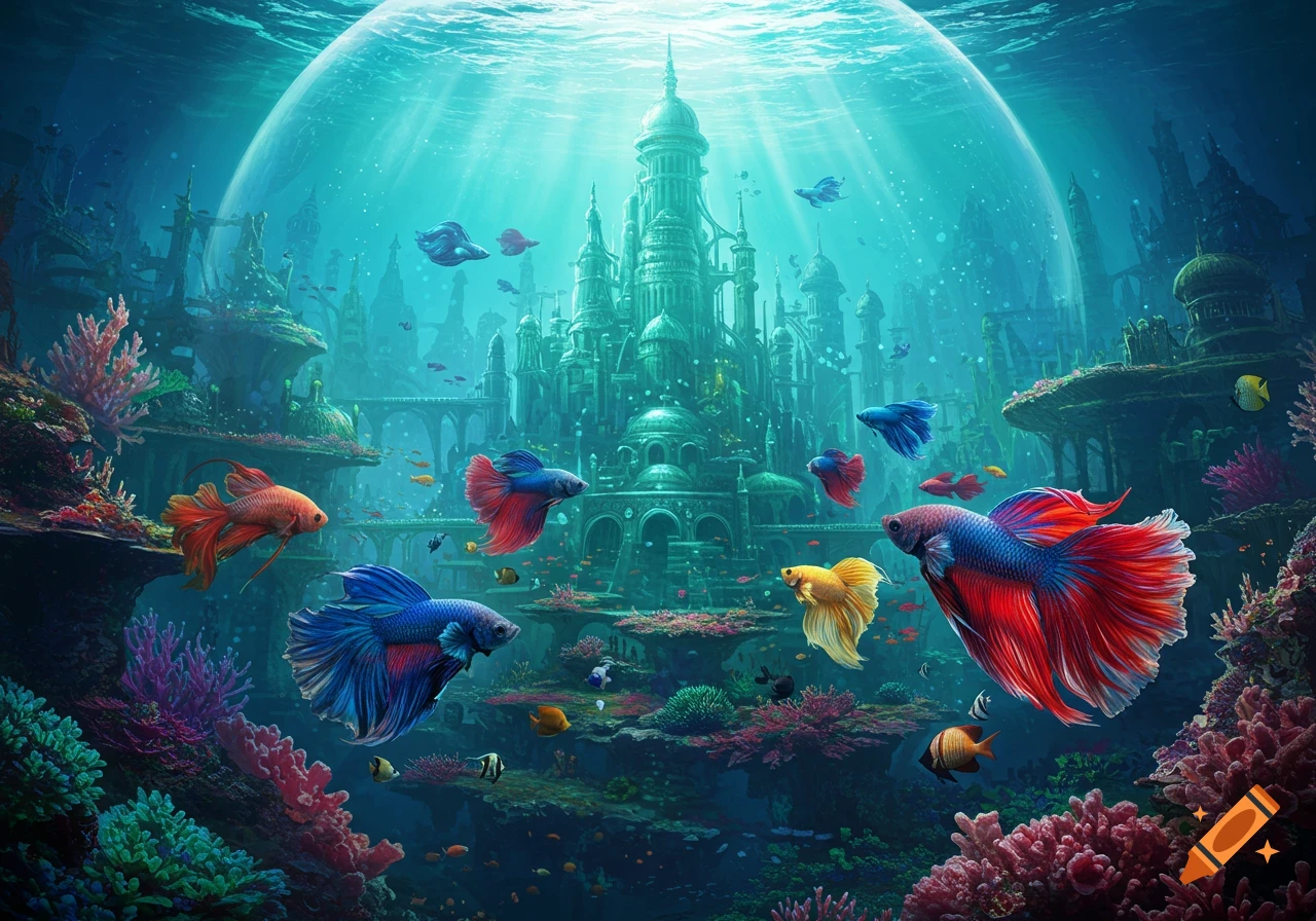 Vibrant illustration of large betta fish swimming through a detailed underwater fantasy city ...