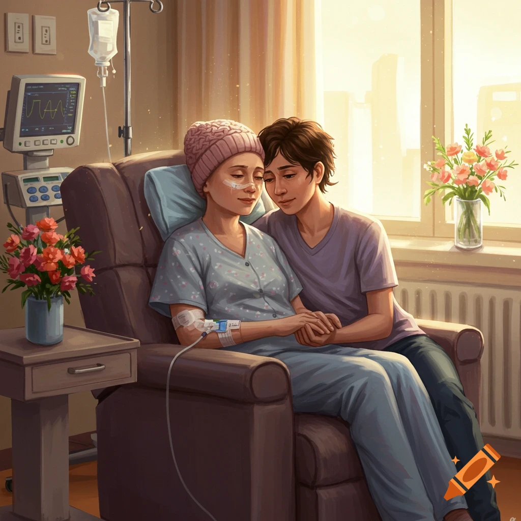 An illustration of a patient in a hospital gown and beanie receiving ...