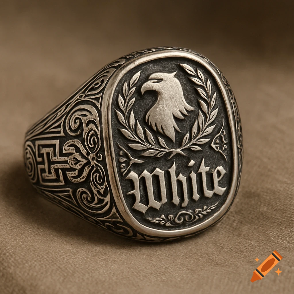 A close-up shot of a golden signet ring with intricate black and gold ...