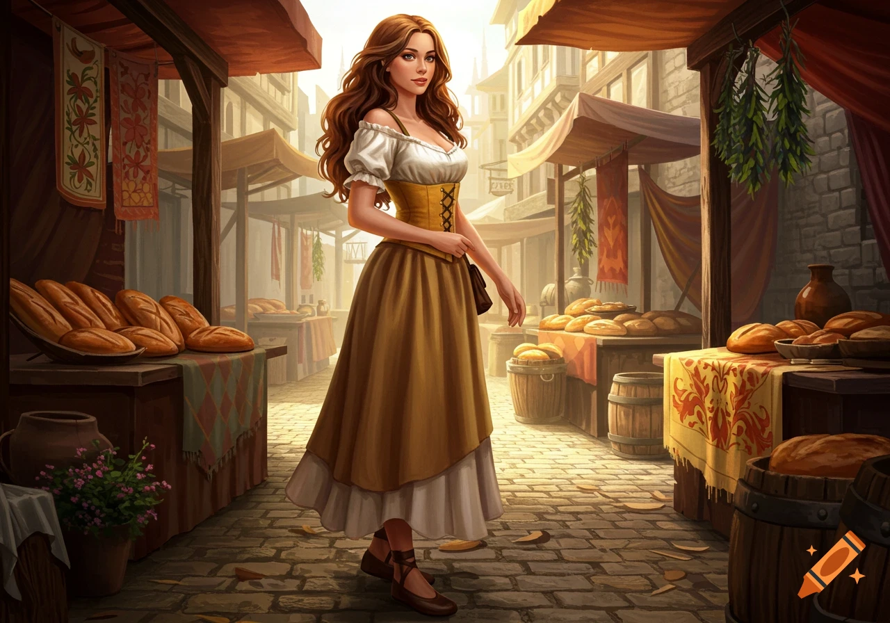 A brown-haired medieval woman stands in an outdoor market with stalls ...