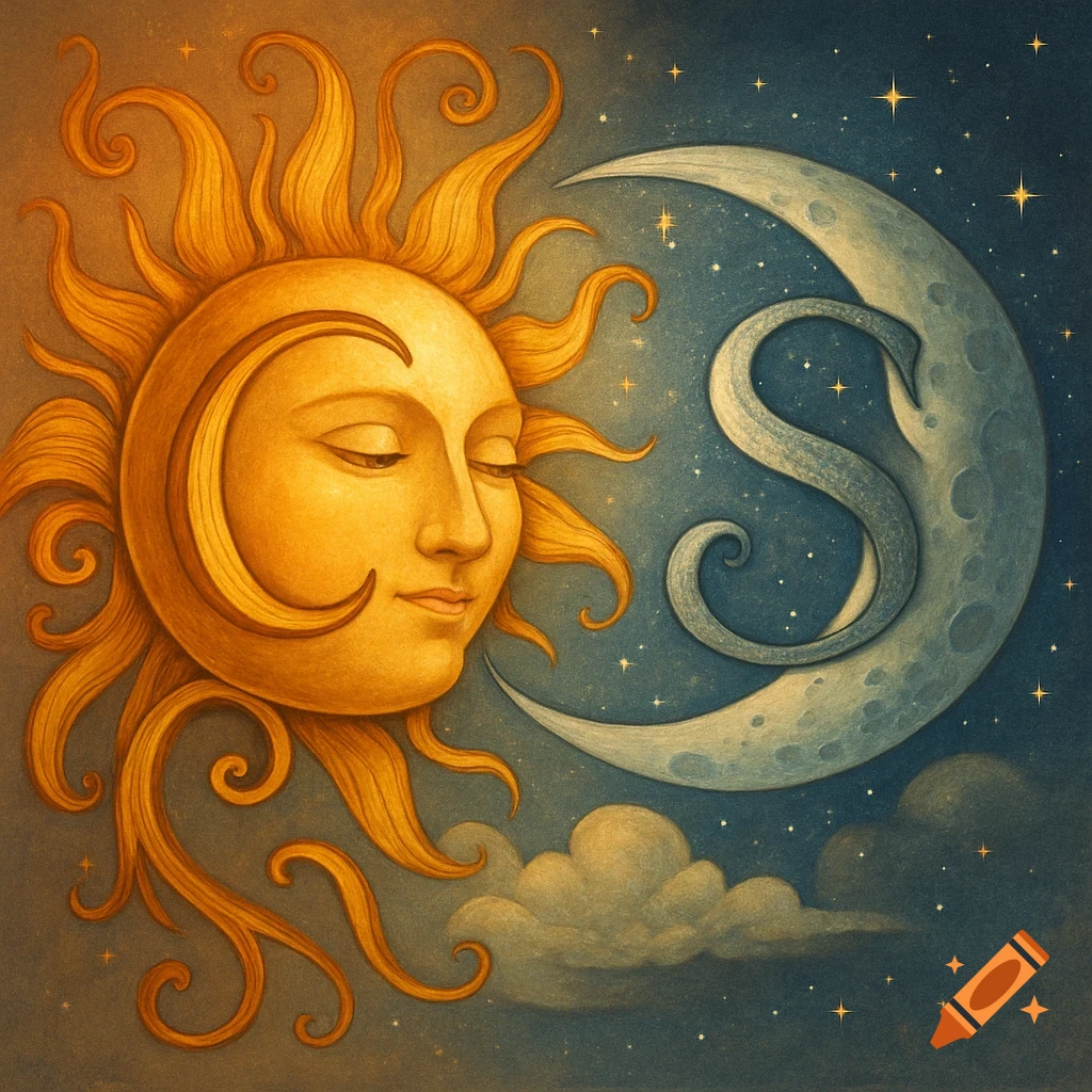 Detailed golden sun mask and silver moon mask against a split ...