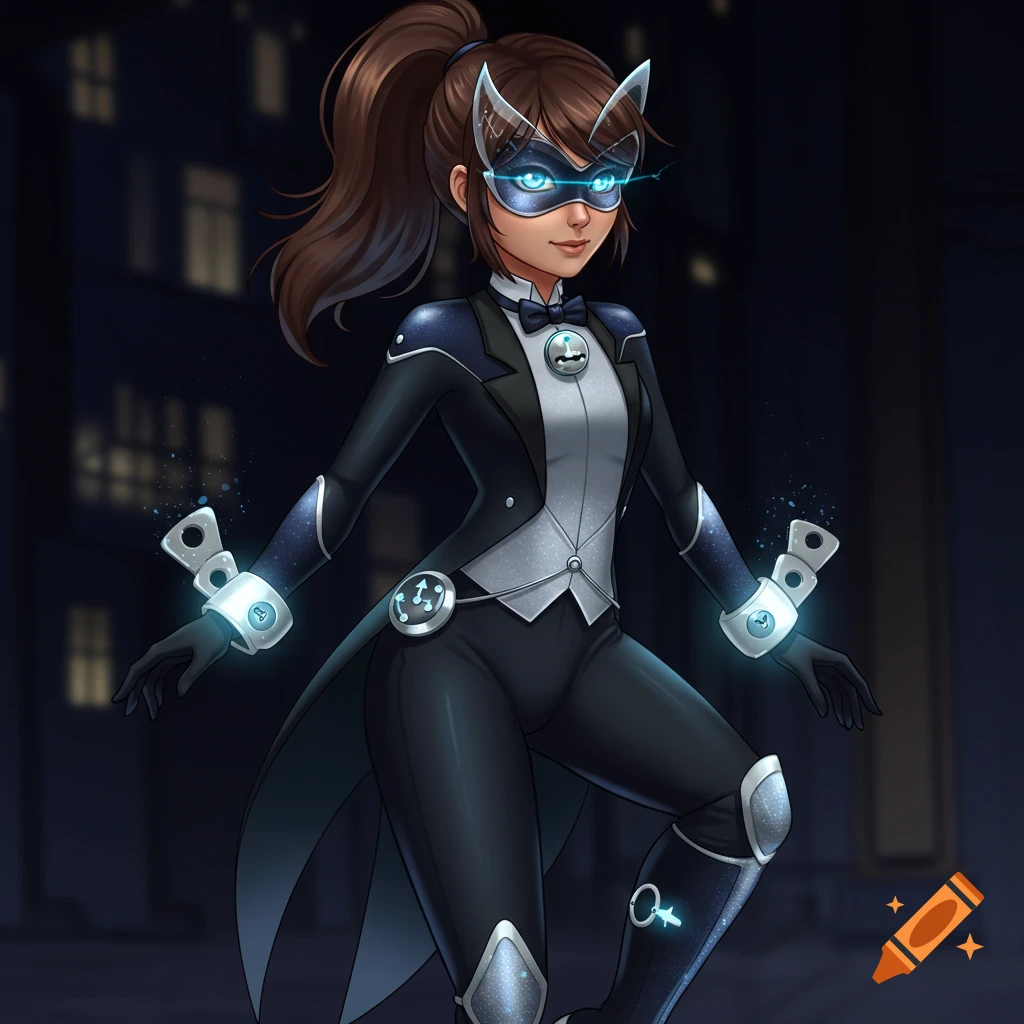 A brunette woman in a sleek, futuristic black and silver tuxedo ...