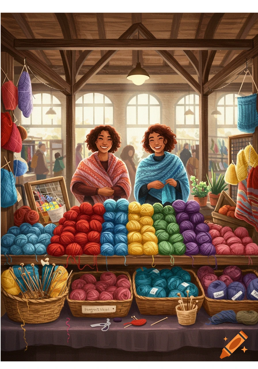 Two smiling women stand behind a market stall piled high with colorful ...