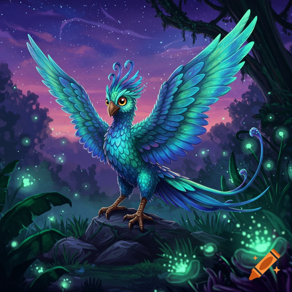 A small, colorful, fluffy purple and blue fantasy bird with large eyes ...