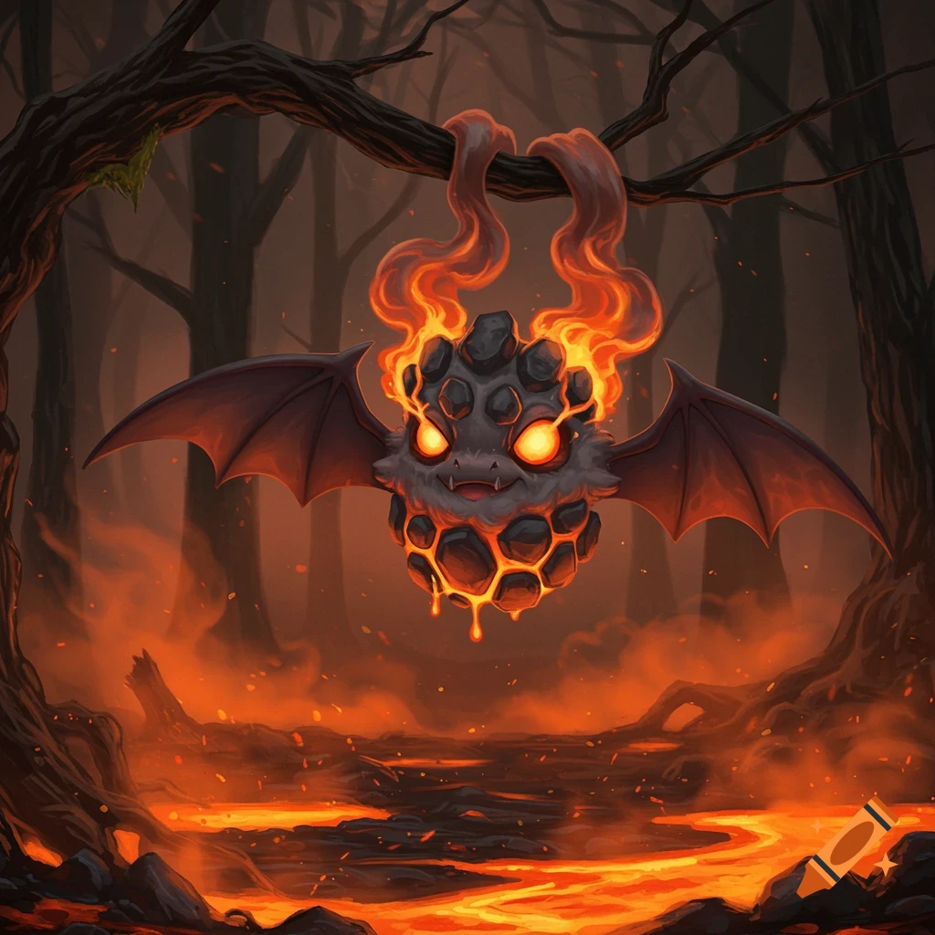 A bat-winged, rock-skinned creature with fiery eyes and a lava belly ...