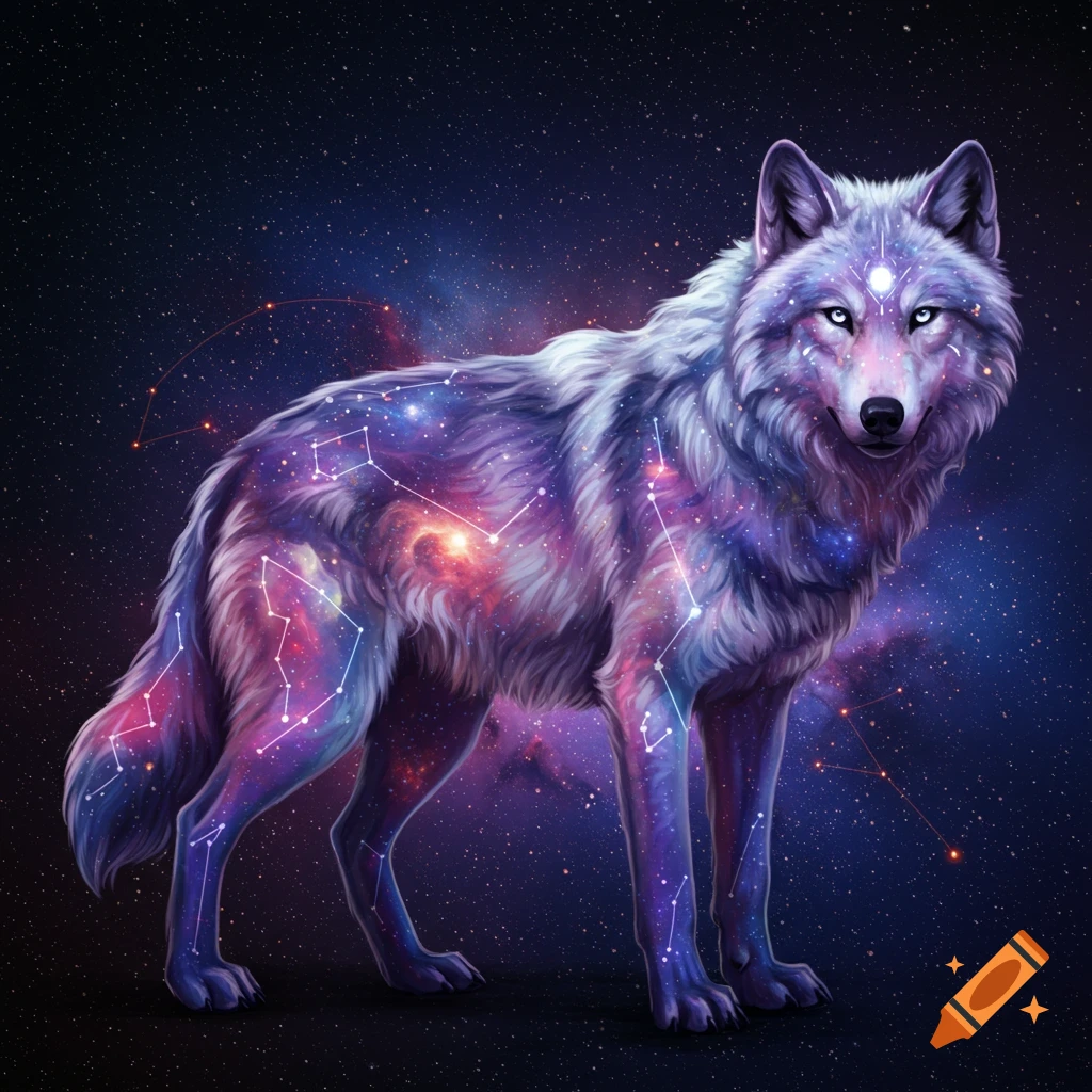 A majestic wolf with a body of vibrant cosmic galaxies and ...