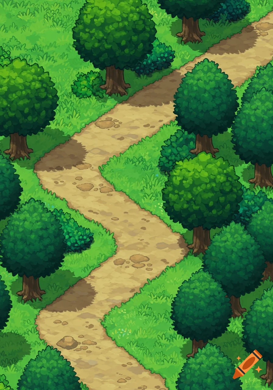 An isometric, stylized dirt path winding through a green forest with ...