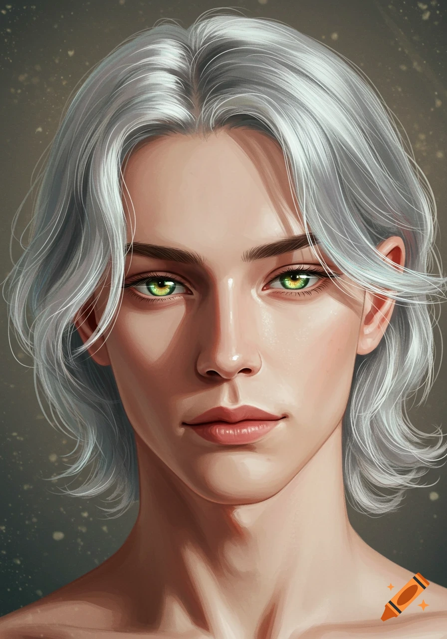 A semirealistic portrait of a person with silver hair and glowing green ...