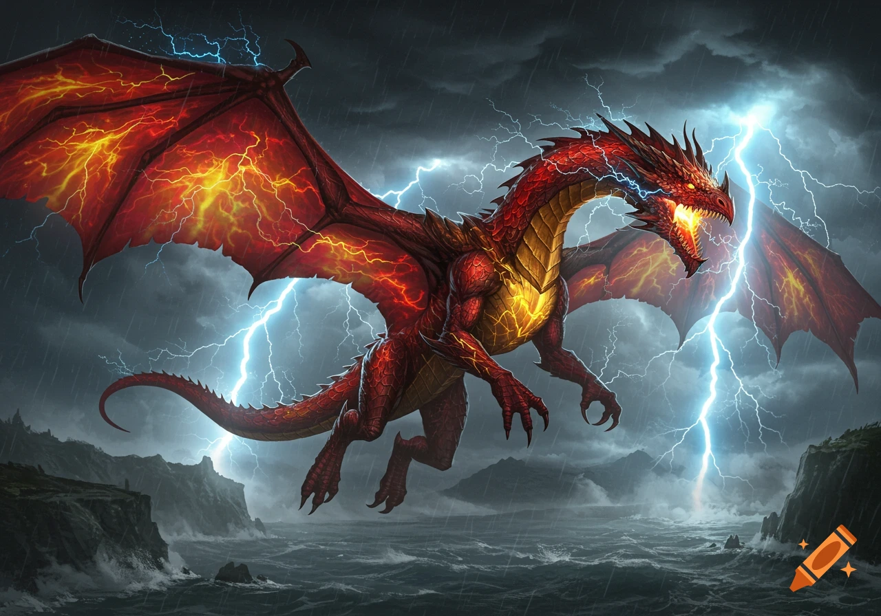 A menacing black dragon with large wings breathes a vibrant green fire ...