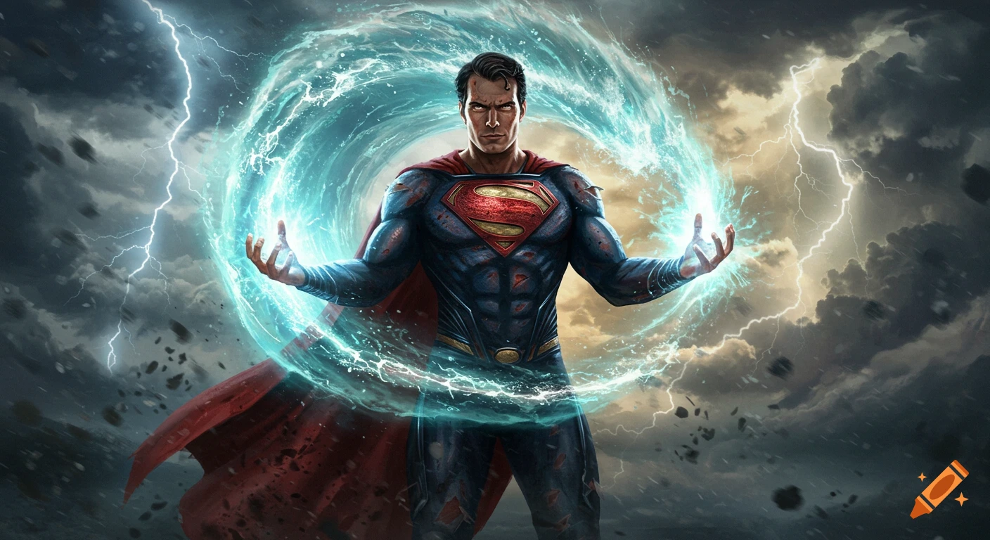A battle-worn Superman stands in a stormy sky, generating a swirling ...