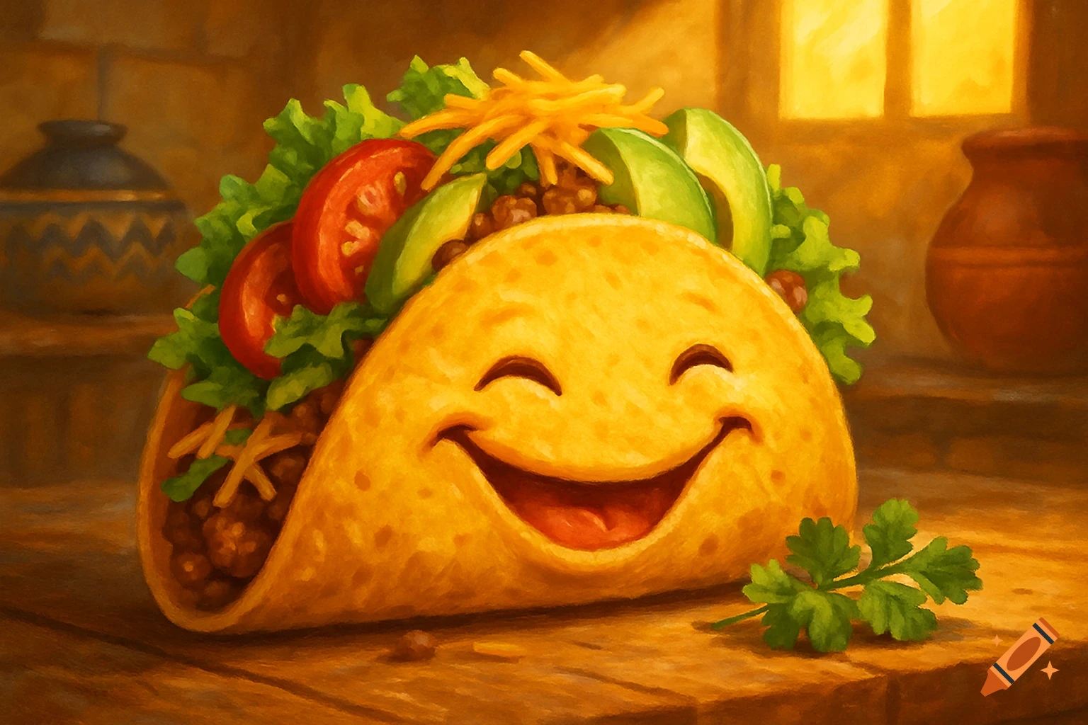 A cute, happy cartoon taco filled with lettuce, tomato, cheese, and ...