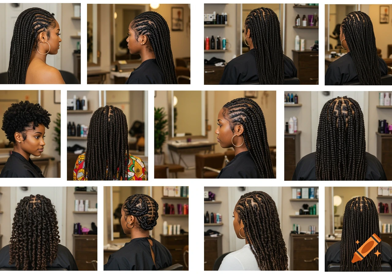 Collage of Black women in a salon showcasing various braided hairstyles ...
