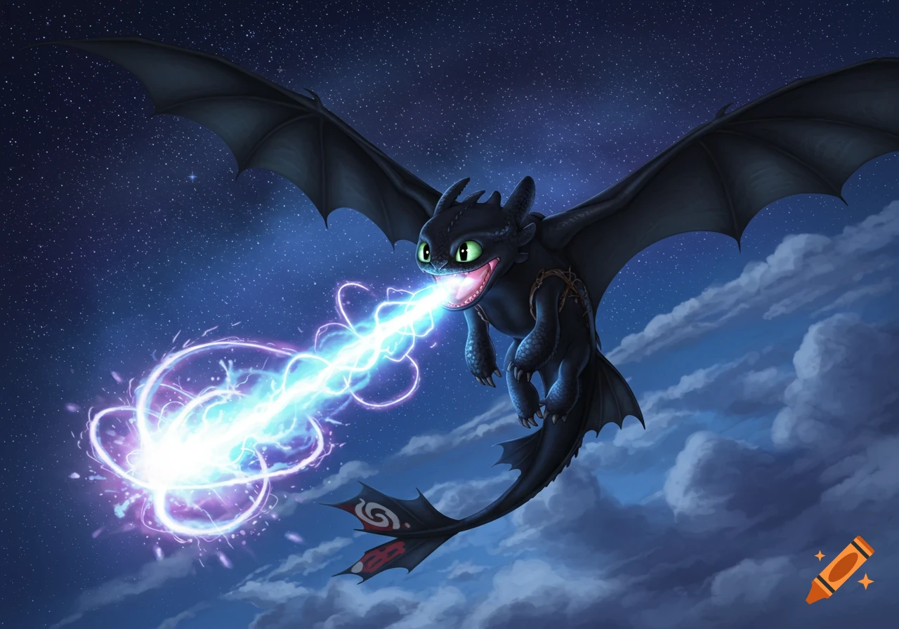 Toothless, a black dragon with bright green eyes, flies through a ...
