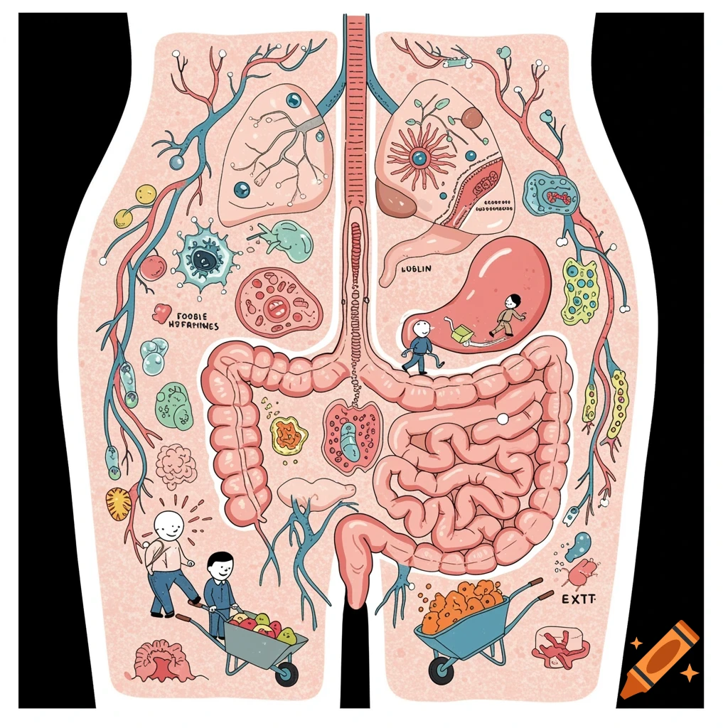 Cartoon illustration of the human body's internal organs with tiny ...