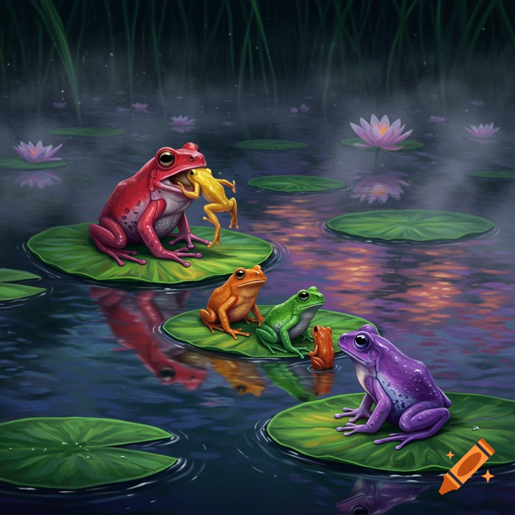 A colorful group of frogs on lily pads in a mystical pond at night. A large red frog eats a ...