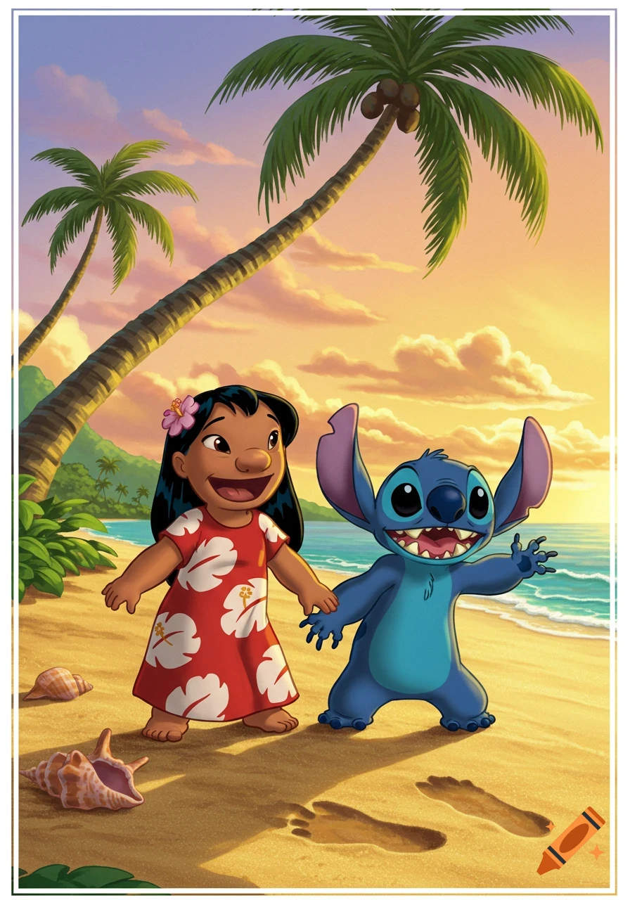 Lilo and Stitch holding hands on a tropical beach at sunset. on Craiyon