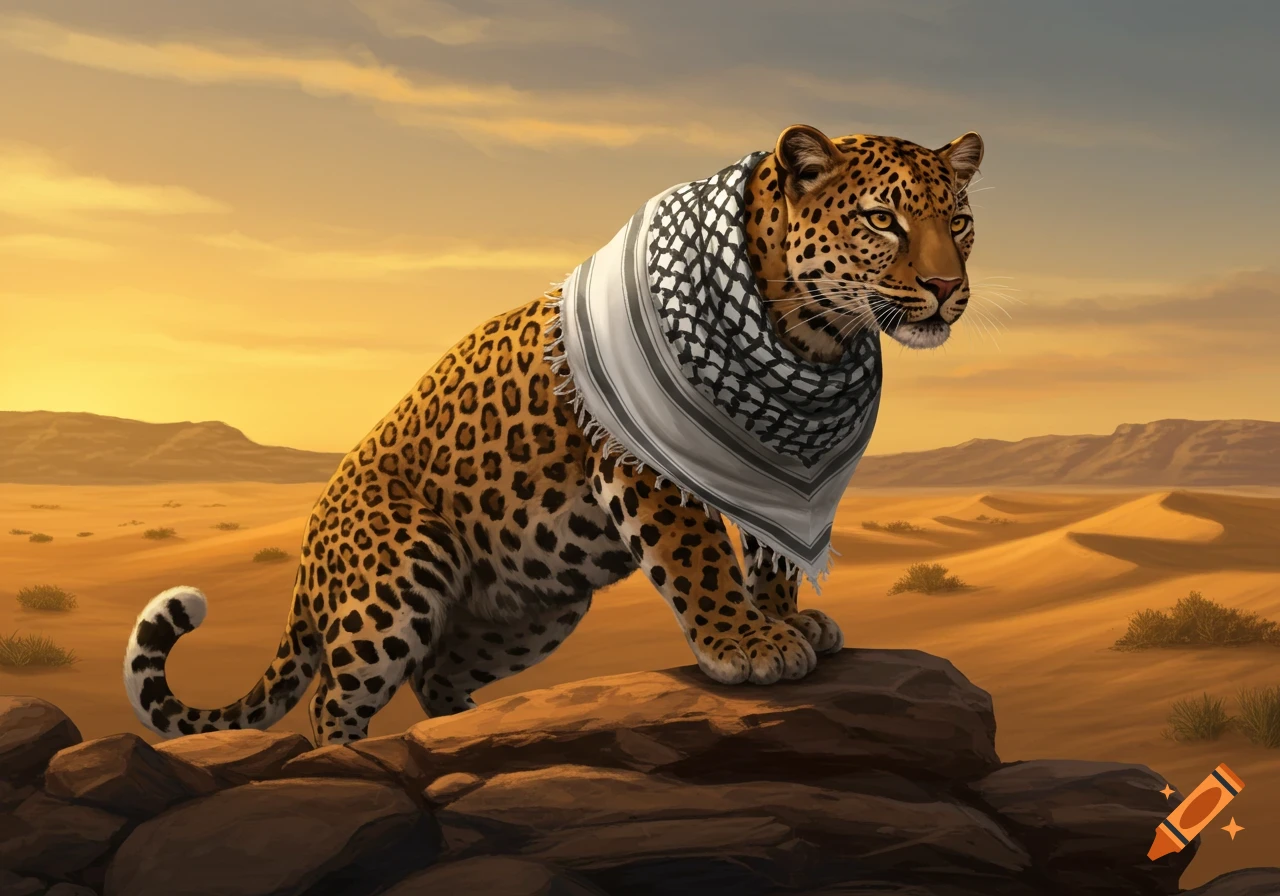 A leopard wearing a black and white keffiyeh scarf sits on rocks in a ...