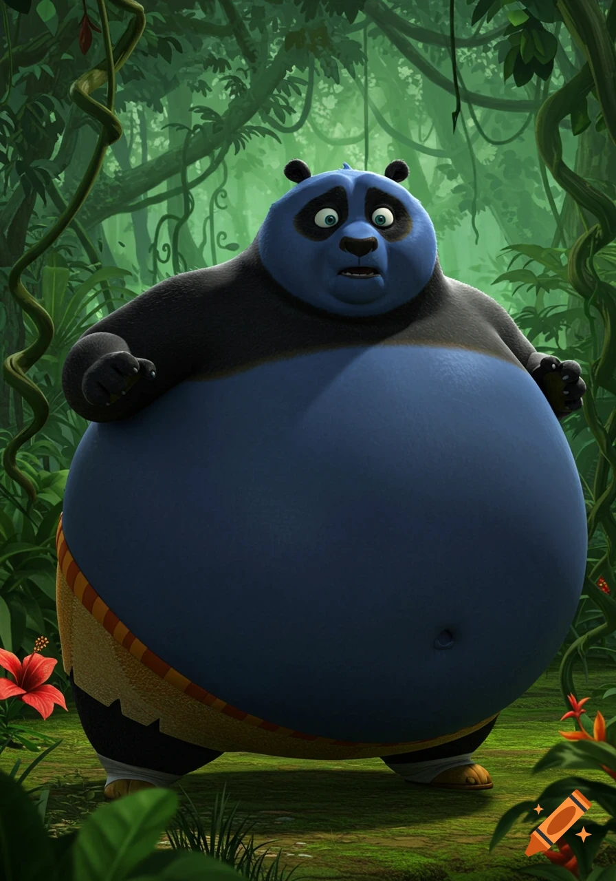 A giant, dark blue, inflated Po from Kung Fu Panda stands nervously in ...