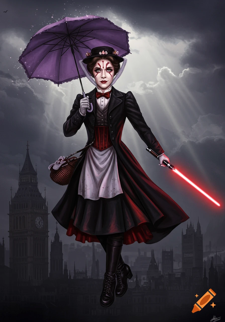 Mary Poppins-Darth Maul fusion character floats over London with a ...