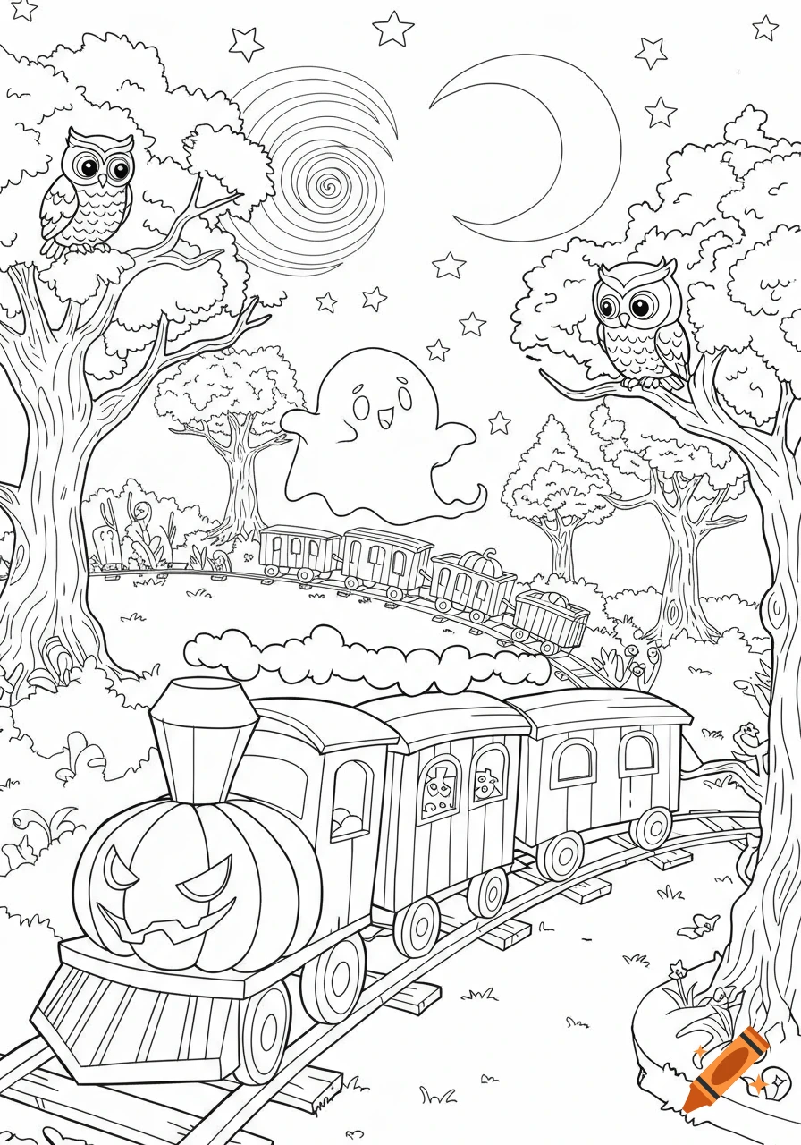 Black and white line art coloring page showing a ghost train with a ...