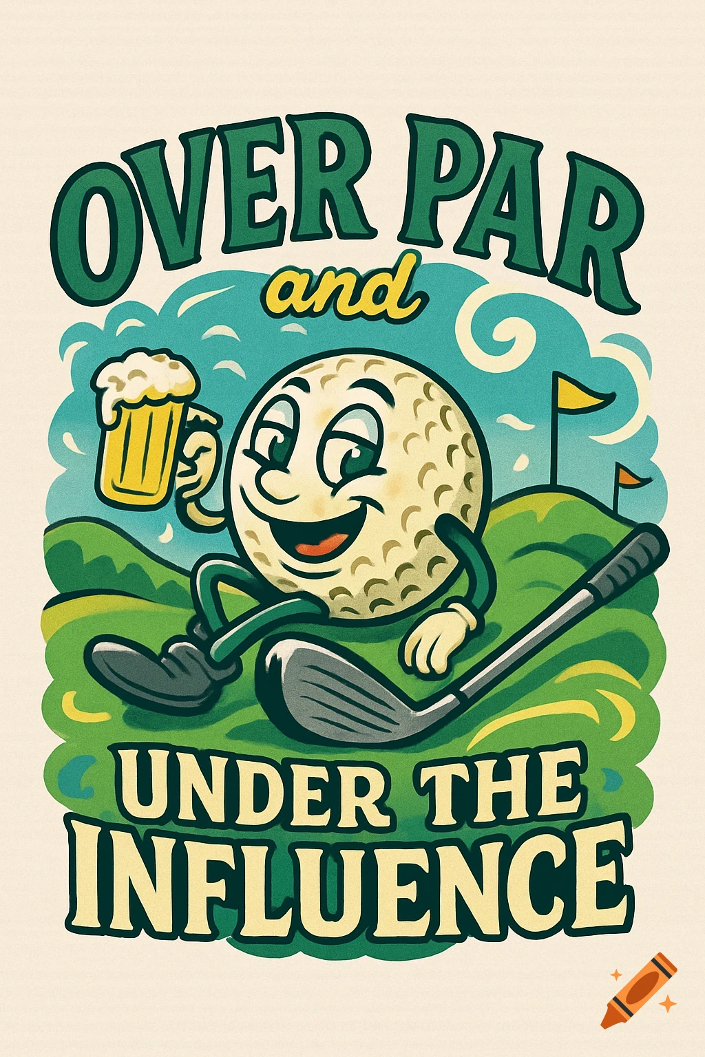 A retro cartoon of a golf ball character holding a beer mug on a golf ...