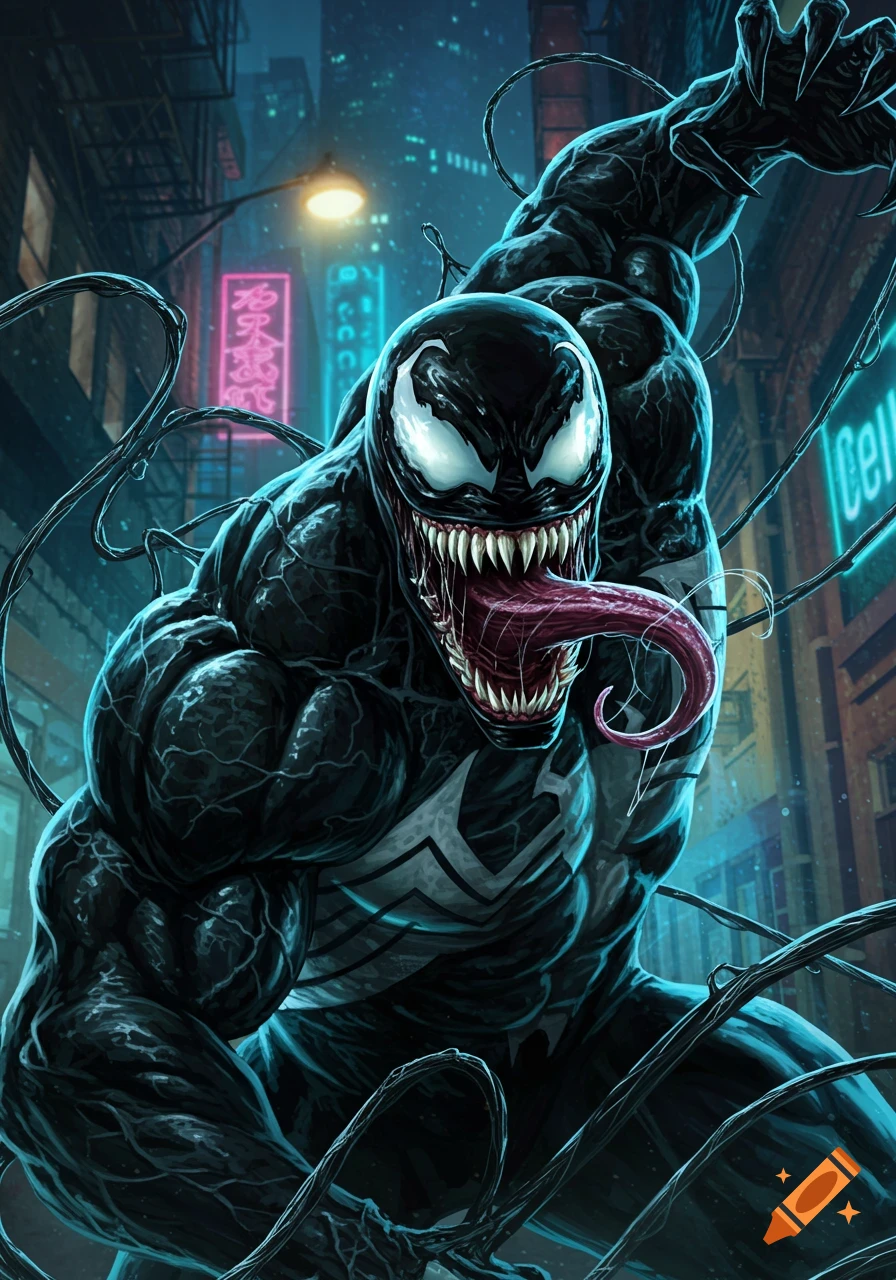 She-Venom, a dark symbiotic figure with glowing eyes and sharp teeth ...