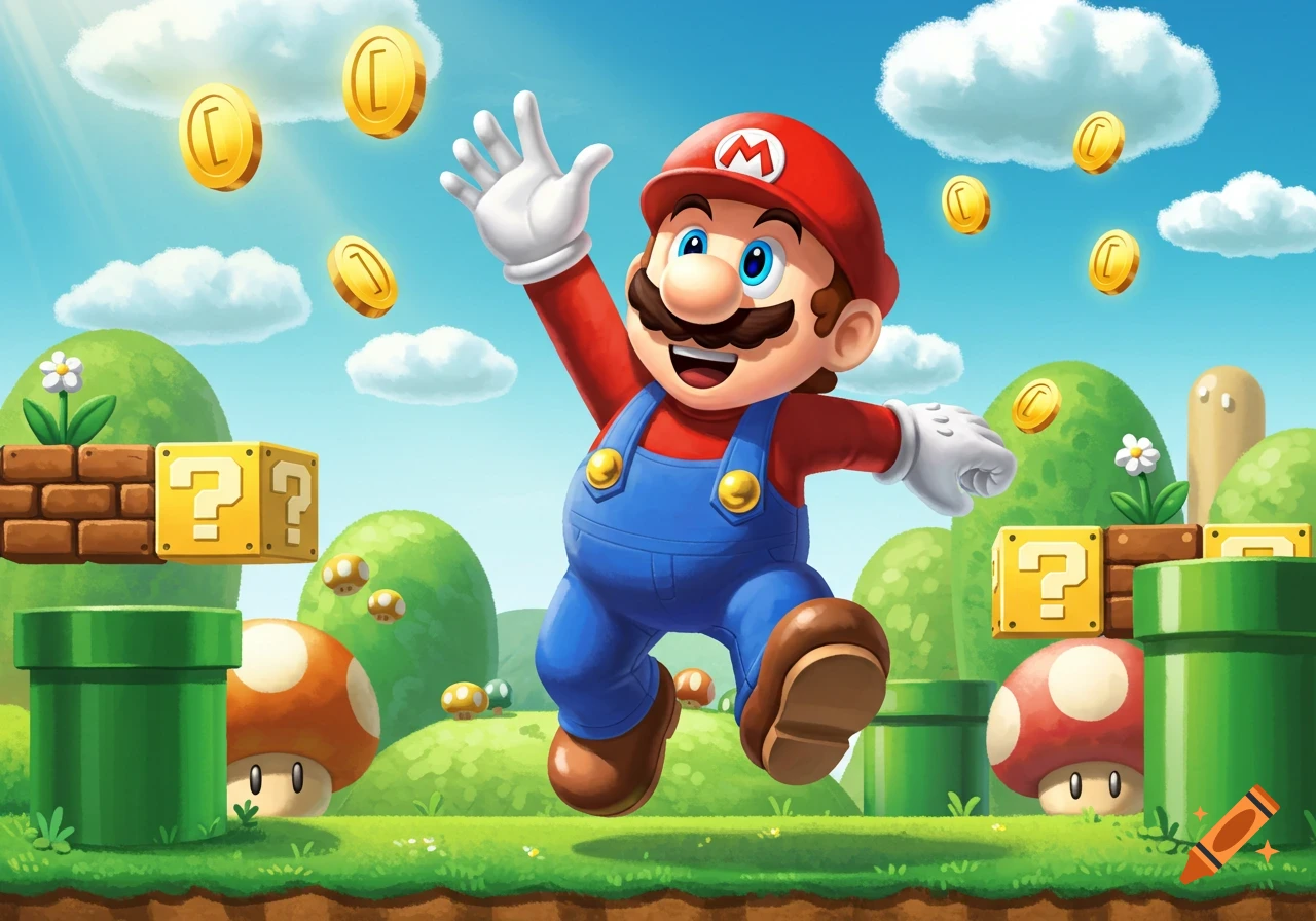 Mario jumps in a colorful cartoon landscape with question blocks, pipes ...