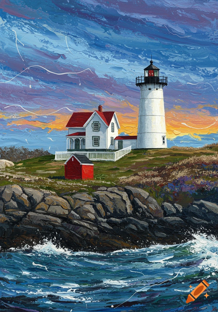 Vibrant abstract painting of a white lighthouse and a red-roofed house ...