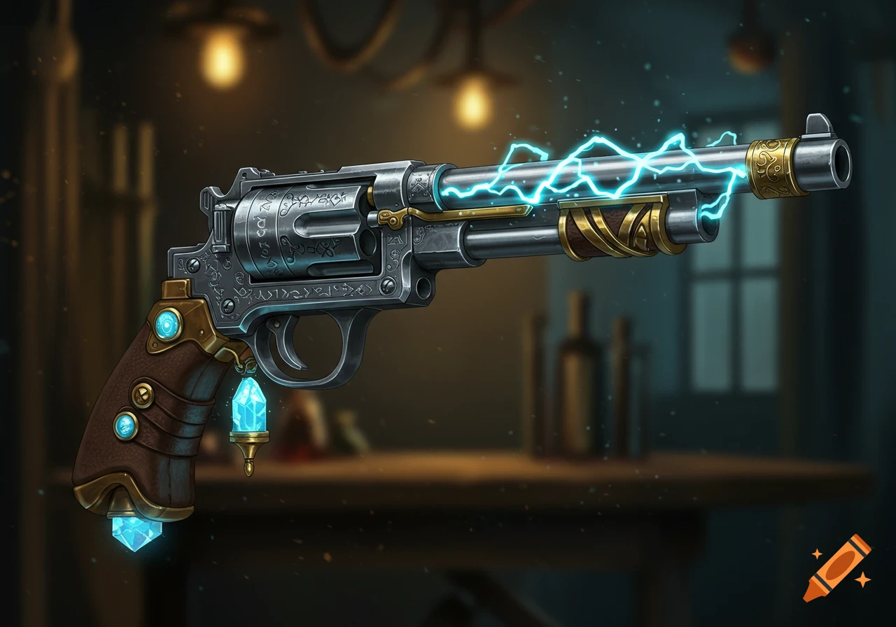 A steampunk-style revolver with blue lightning around its barrel ...