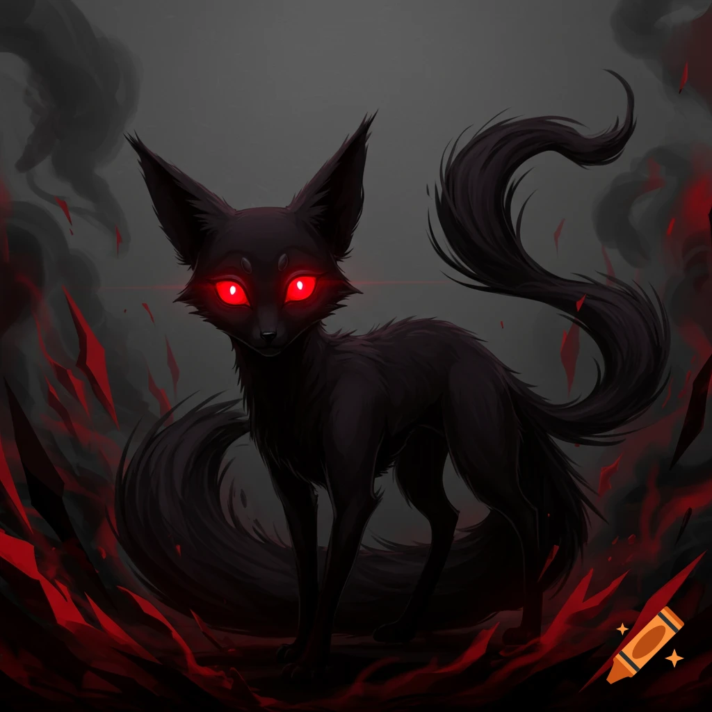 An anime-style black fox-like creature with glowing red eyes and a long ...