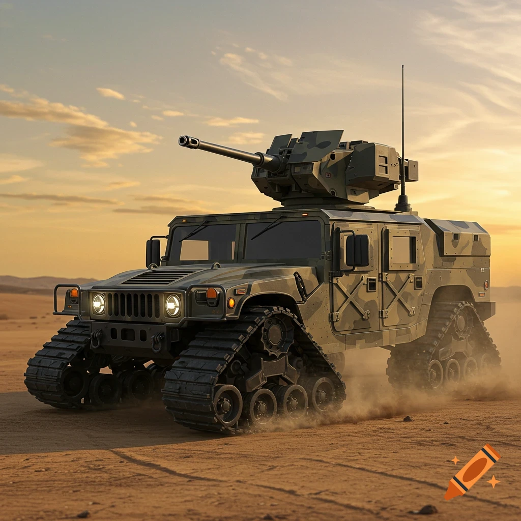 A photorealistic military vehicle, a Humvee body with tank tracks and a ...