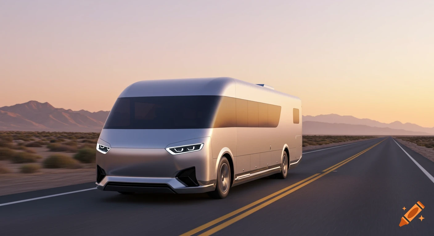 A sleek, silver futuristic RV drives on an empty highway through a ...